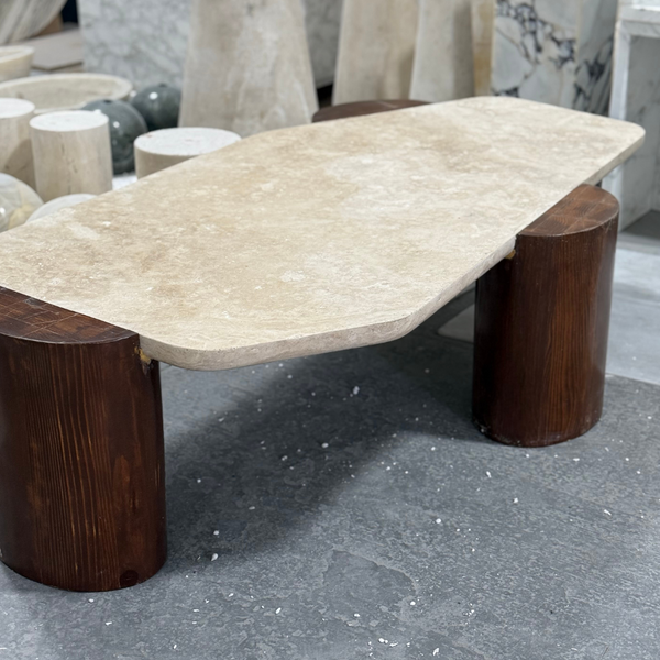 Travertine Oatmeal Coffee Table with Wood Tripod Base | Marble & Home
